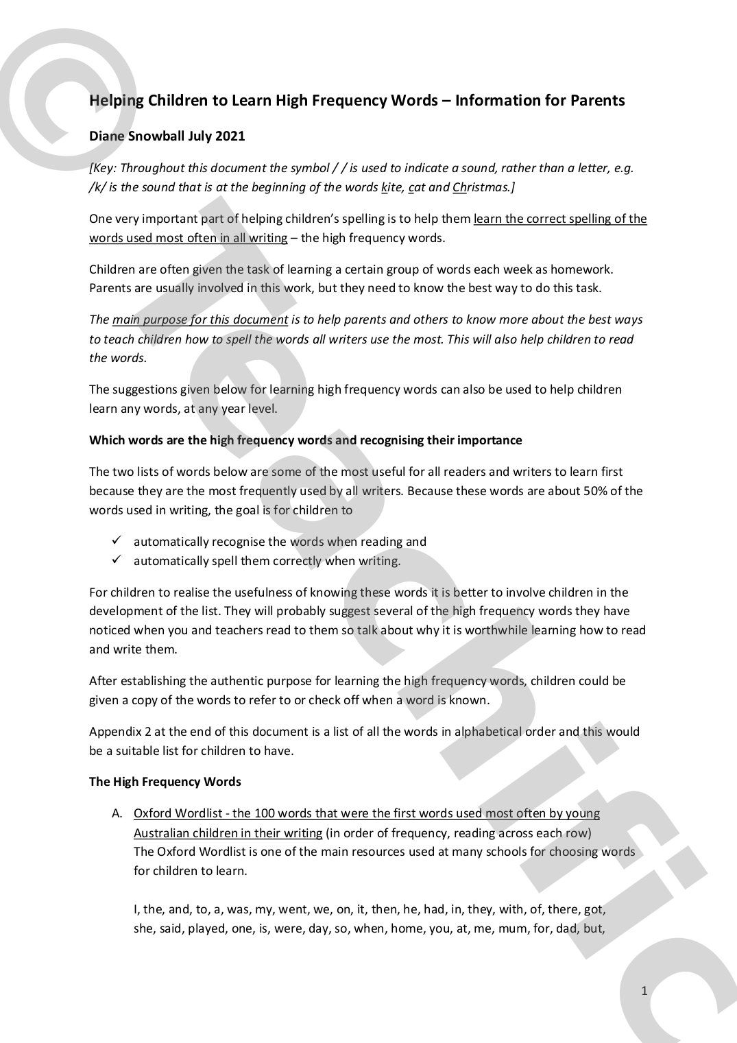 Helping Children to Learn High Frequency Words - Information for ...