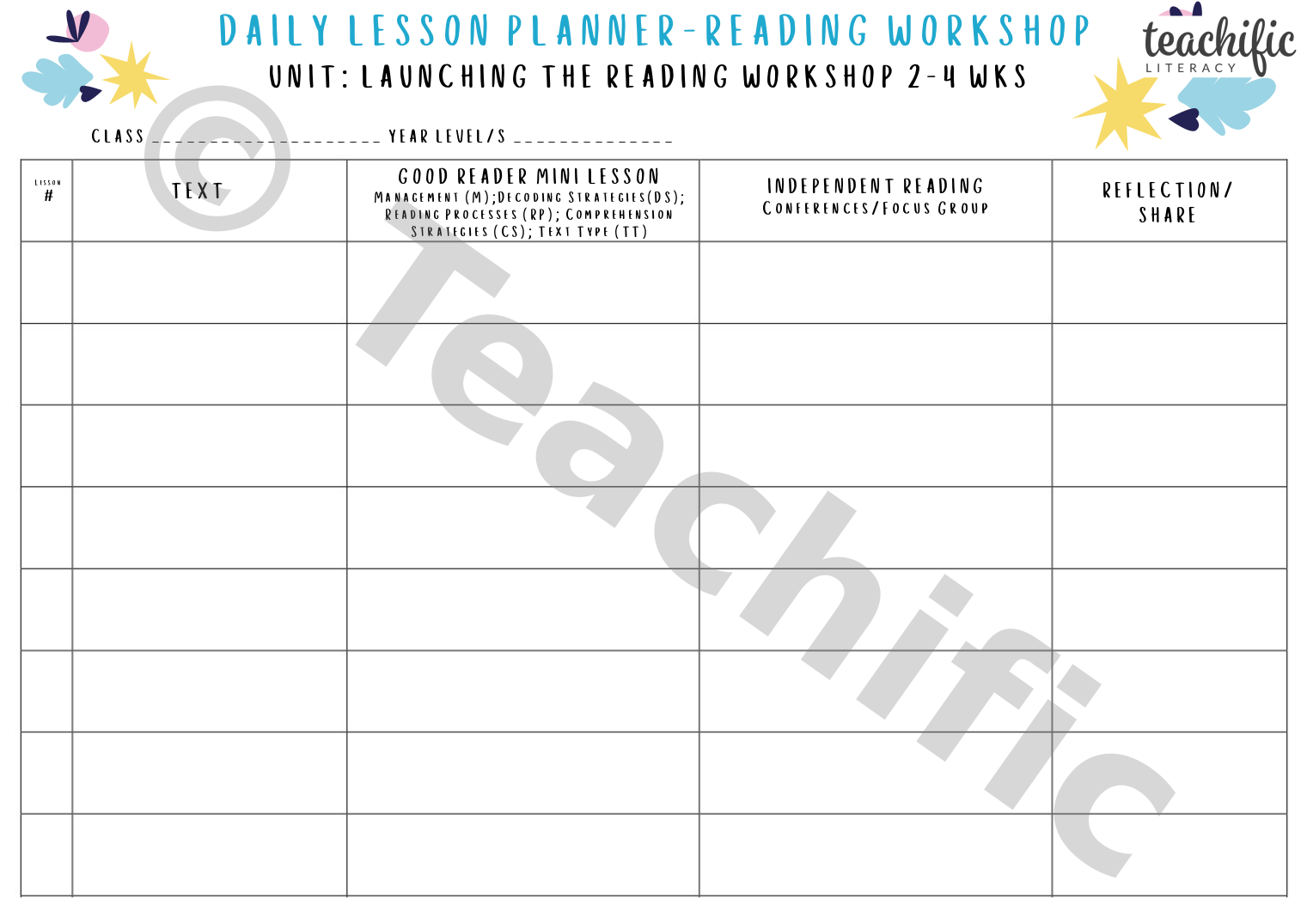 Daily Lesson Planner: Reading Workshop - Launching R&W, Yrs F-6 | Teachific