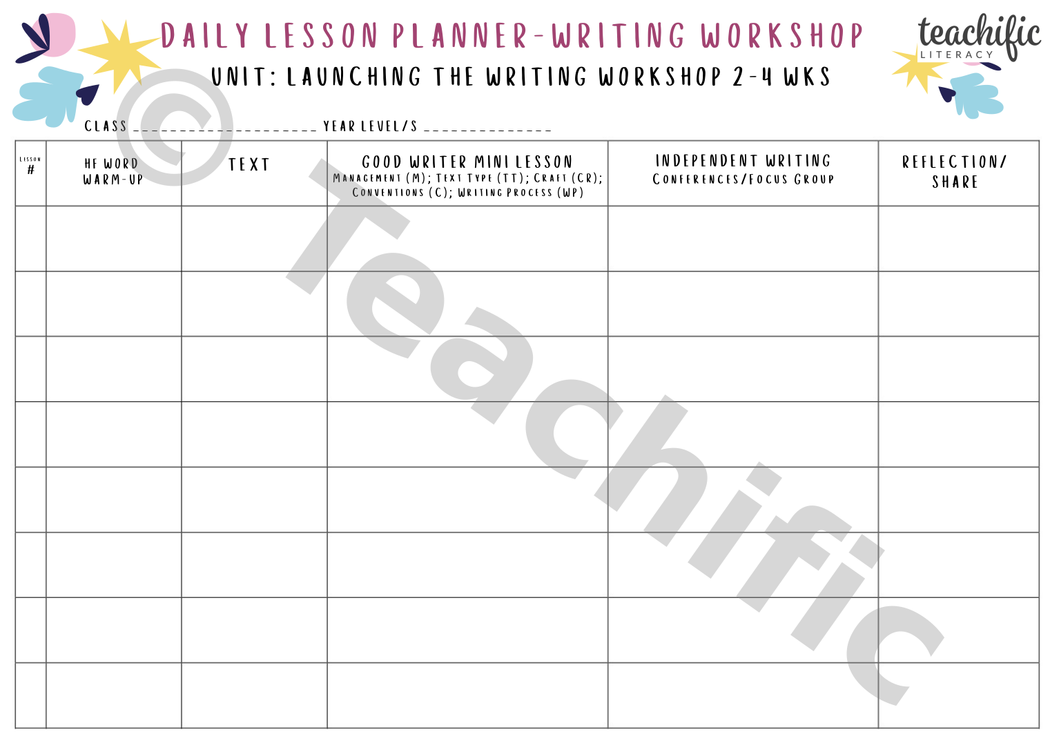 Daily Lesson Planner: Writing Workshop - Launching R&W, Yrs F-6 | Teachific
