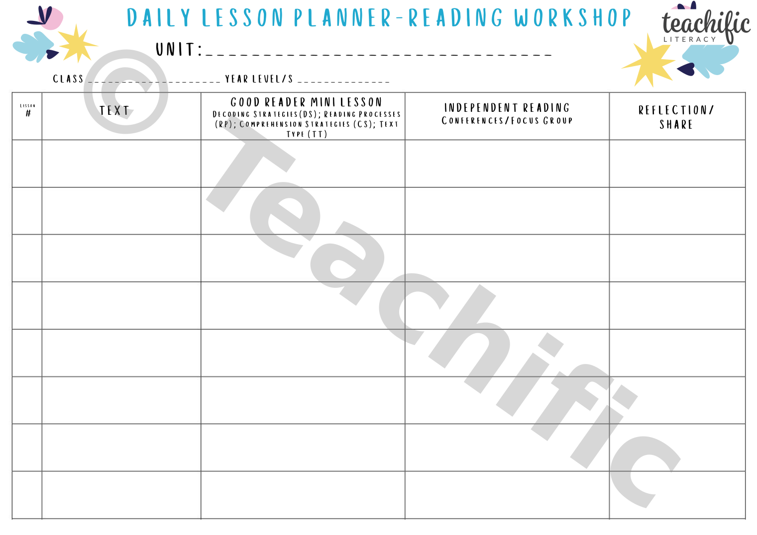 Daily Lesson Planner: Reading Workshop - Generic, Yr F-6 | Teachific