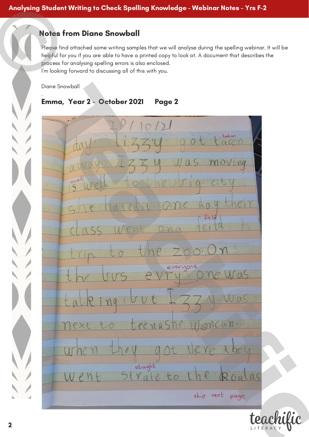 Analysing a Student's Writing F-2 - Webinar Notes 2022 | Teachific