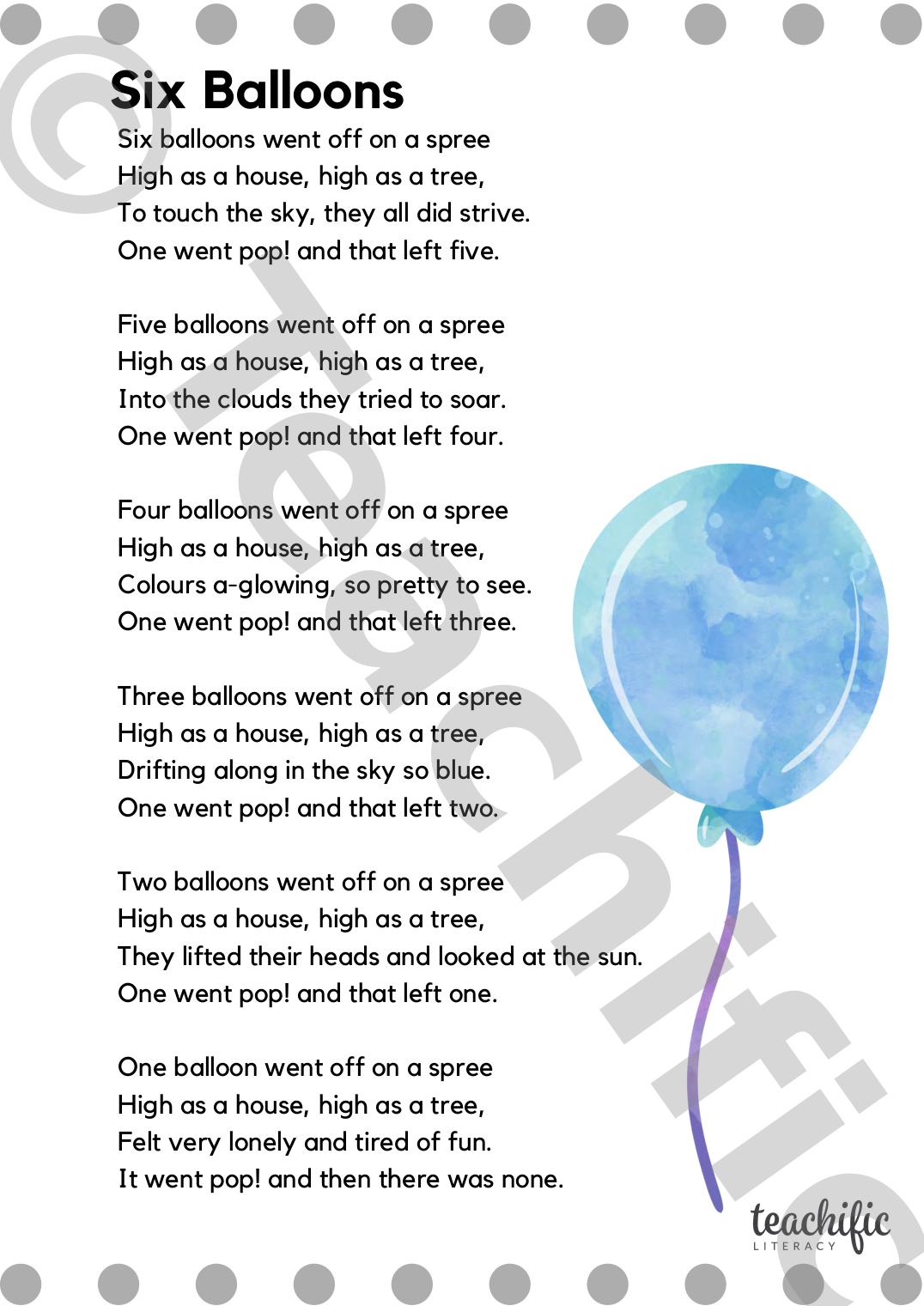 Six Balloons: Finger Play Rhyme - Counting Down, F-1 | Teachific