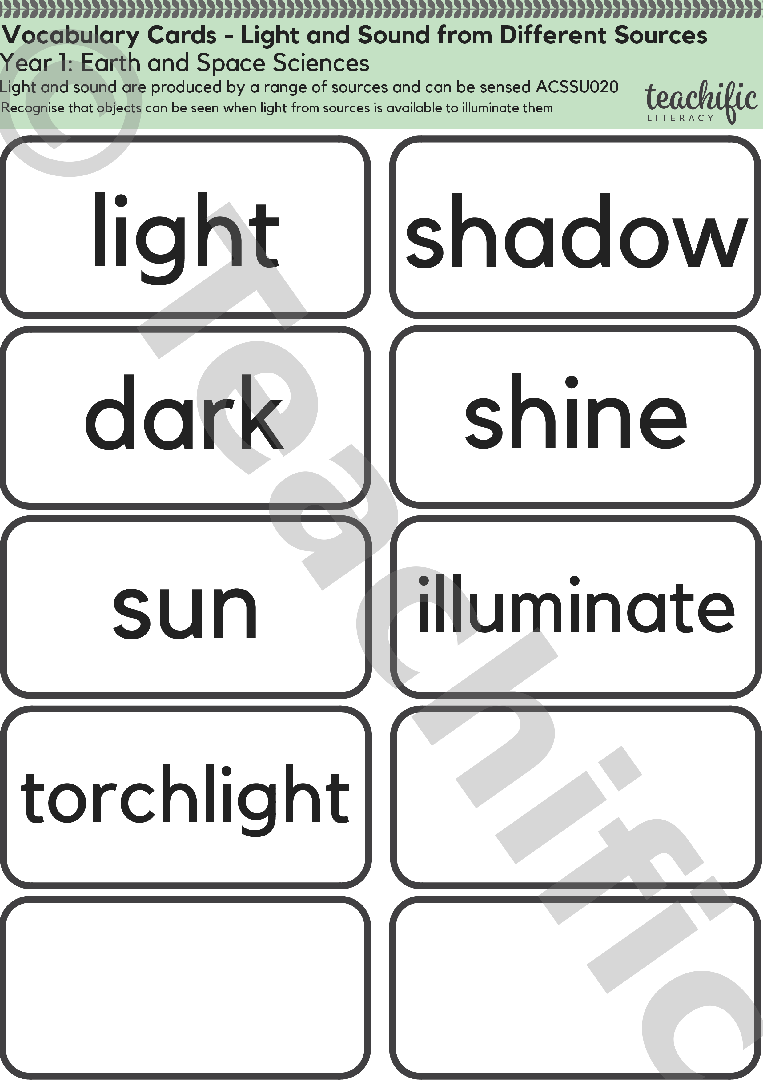 Science Vocabulary Cards: Yr 1 Earth and Space Sciences - Light and ...