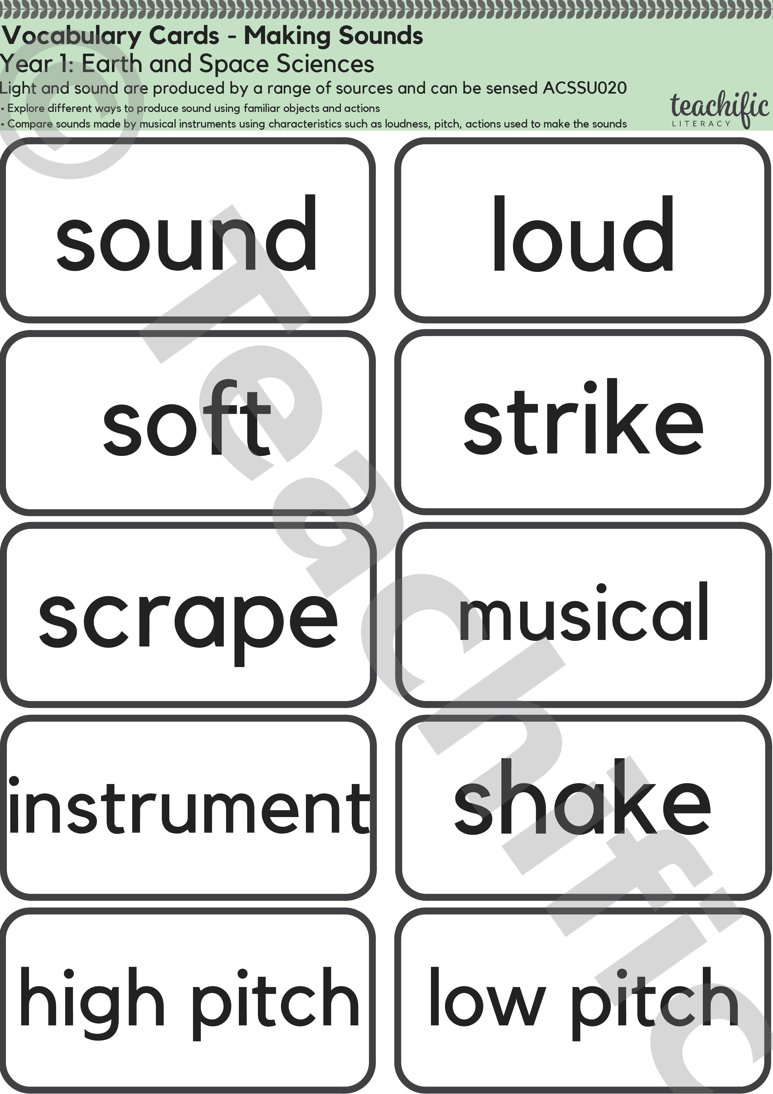 Science Vocabulary Cards: Yr 1 Earth and Space Sciences - Making Sounds ...