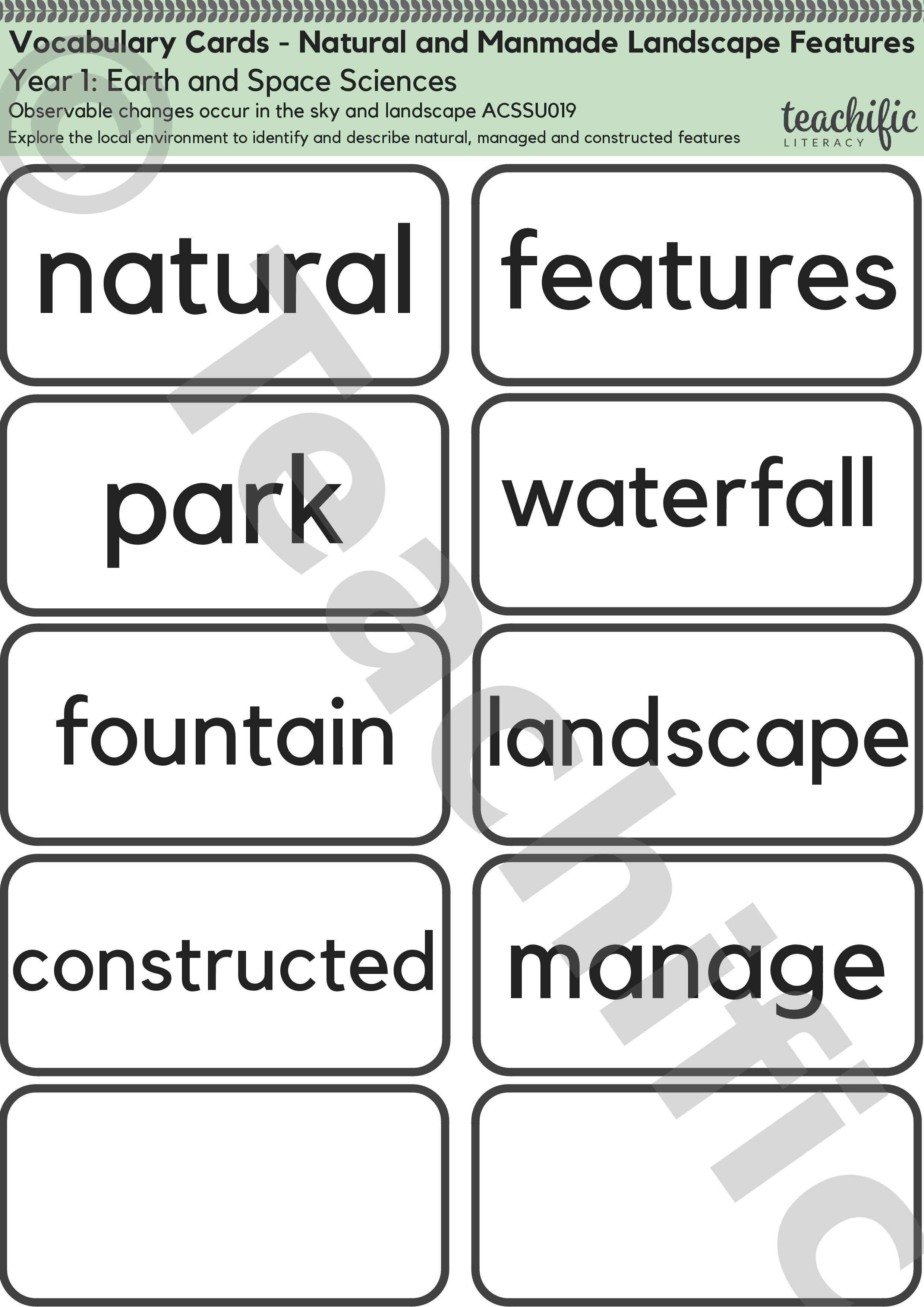 Science Vocabulary Cards: Yr 1 Earth and Space Sciences - Natural and ...