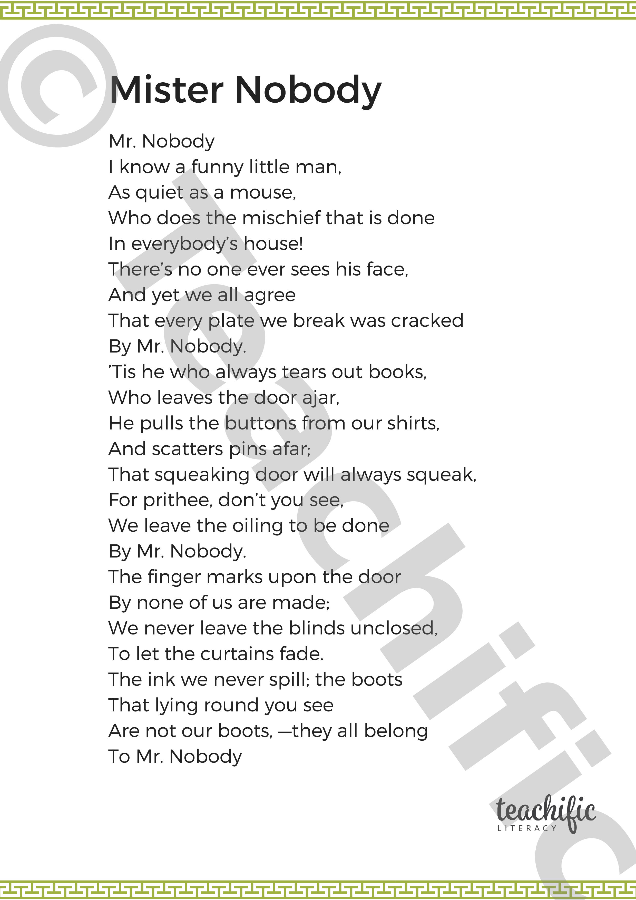 Poems Yr 3 4 Mr Nobody Teachific